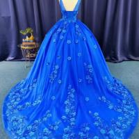 China Elegant Sleeveless Two Straps Party Ball Gowns Chapel Train Appliqued Royal Blue Tulle Flower Quinceanera Dress for sale