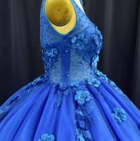 China Elegant Sleeveless Two Straps Party Ball Gowns Chapel Train Appliqued Royal Blue Tulle Flower Quinceanera Dress for sale