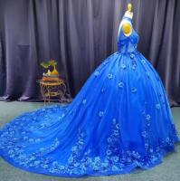 China Elegant Sleeveless Two Straps Party Ball Gowns Chapel Train Appliqued Royal Blue Tulle Flower Quinceanera Dress for sale