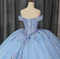 China Glitter Off-the-shoulder V-neck Appliqued Lace Beaded Chapel Train Ball Gown Long Blue Tulle Quinceanera Dress for sale