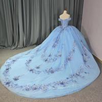 China Glitter Off-the-shoulder V-neck Appliqued Lace Beaded Chapel Train Ball Gown Long Blue Tulle Quinceanera Dress for sale