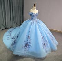 China Glitter Off-the-shoulder V-neck Appliqued Lace Beaded Chapel Train Ball Gown Long Blue Tulle Quinceanera Dress for sale