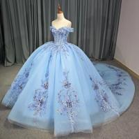 China Glitter Off-the-shoulder V-neck Appliqued Lace Beaded Chapel Train Ball Gown Long Blue Tulle Quinceanera Dress for sale