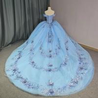 China Glitter Off-the-shoulder V-neck Appliqued Lace Beaded Chapel Train Ball Gown Long Blue Tulle Quinceanera Dress for sale