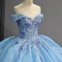 China Glitter Off-the-shoulder V-neck Appliqued Lace Beaded Chapel Train Ball Gown Long Blue Tulle Quinceanera Dress for sale