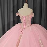 China Beautiful Sweetheart Neck Off-the-shoulder Beaded Appliqued Ball Gown Party Girl 12 Years Pink Organza Quinceanera Dress for sale