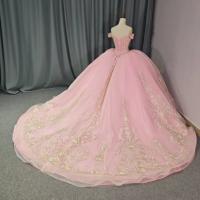 China Beautiful Sweetheart Neck Off-the-shoulder Beaded Appliqued Ball Gown Party Girl 12 Years Pink Organza Quinceanera Dress for sale