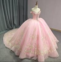 China Beautiful Sweetheart Neck Off-the-shoulder Beaded Appliqued Ball Gown Party Girl 12 Years Pink Organza Quinceanera Dress for sale