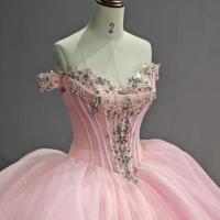 China Beautiful Sweetheart Neck Off-the-shoulder Beaded Appliqued Ball Gown Party Girl 12 Years Pink Organza Quinceanera Dress for sale