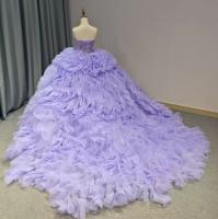 China Beautiful Plus Size Lace-up Ruched Sleeveless Chapel Train Evening Party Gown Lilac Tulle Quinceanera Dress for sale