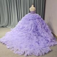 China Beautiful Plus Size Lace-up Ruched Sleeveless Chapel Train Evening Party Gown Lilac Tulle Quinceanera Dress for sale