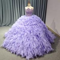 China Beautiful Plus Size Lace-up Ruched Sleeveless Chapel Train Evening Party Gown Lilac Tulle Quinceanera Dress for sale