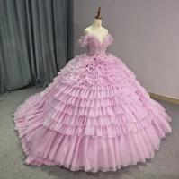 China Elegant Off-the-shoulder Beaded V-neck Pink Multi-layer Skirt Tulle Quinceanera Ball Gowns Cake Dresses For 15 Girls for sale