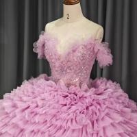 China Elegant Off-the-shoulder Beaded V-neck Pink Multi-layer Skirt Tulle Quinceanera Ball Gowns Cake Dresses For 15 Girls for sale