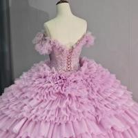 China Elegant Off-the-shoulder Beaded V-neck Pink Multi-layer Skirt Tulle Quinceanera Ball Gowns Cake Dresses For 15 Girls for sale