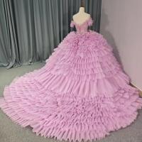 China Elegant Off-the-shoulder Beaded V-neck Pink Multi-layer Skirt Tulle Quinceanera Ball Gowns Cake Dresses For 15 Girls for sale