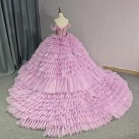China Elegant Off-the-shoulder Beaded V-neck Pink Multi-layer Skirt Tulle Quinceanera Ball Gowns Cake Dresses For 15 Girls for sale