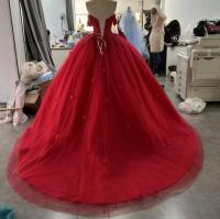 China Vintage Sweetheart Neck Court Train Off-the-shoulder Appliqued Lace Red Tulle Long Girl Quinceanera Dress for sale
