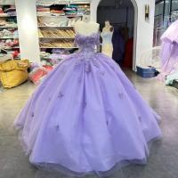 China Elegant Off-the-shoulder Ball Gown Sweetheart Neck Court Train Appliqued Lace Girls Long Lilac Tulle Quinceanera Dress for sale