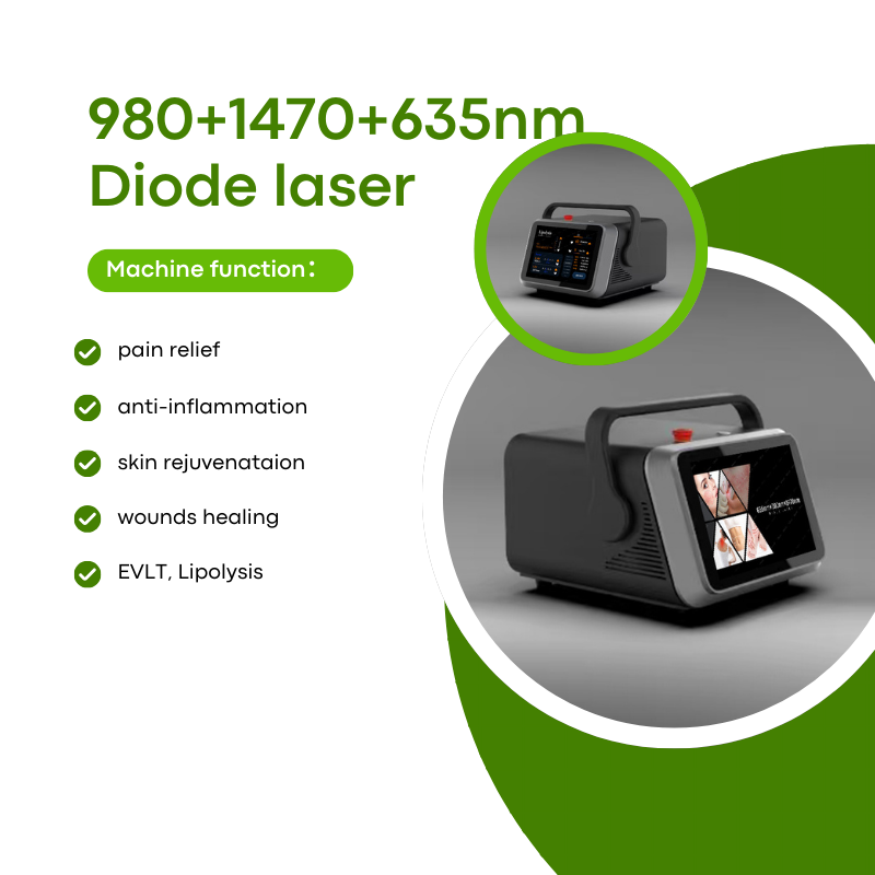 Triple wavelength diode laser  Portable EVLT laser device  635nm healing laser  1470nm fat reduction laser  High power pain relief laser  Medical diode laser equipment  Clinic wound healing laser  Minimally invasive laser system  980nm varicose vein laser  Multi-functional aesthetic laser