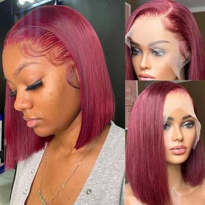 China 99J Short Bob Straight Human Hair Lace Closure Wig Transparent 13X4 Lace Frontal Wig for sale