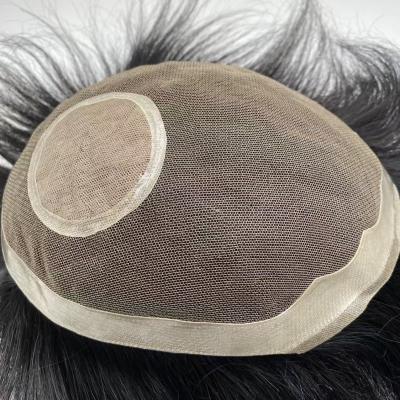 China Cheap Men's Natural Human Hair Replacement System Black Prosthesis Breathable Silk Lace Crown Toupee Clips for sale