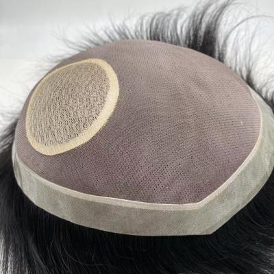 China Mono PU Remy Hair Toupee Fine Mono Lace with silk base crown Indian Human Hair Replacement Wig For Men for sale