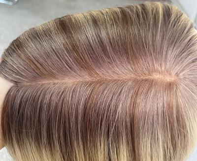 China Custom-made Scalp Thick Silicone Toppers Injected Human Hair System Highlight Color Hair Topper for Hair Loss Clients for sale