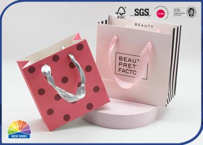 China Pink Printing Present Package Paper Shopping Bags With Ribbon Handles for sale