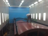 China 20m Bus Spray Booth Two Side Wall Extraction Gas Burner Heating Rock Wood for sale