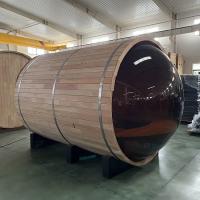China Panoramic Window Outdoor Steam Wooden Barrel Sauna With Electric Stove for sale