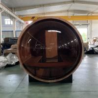 China Panoramic Window Outdoor Steam Wooden Barrel Sauna With Electric Stove for sale