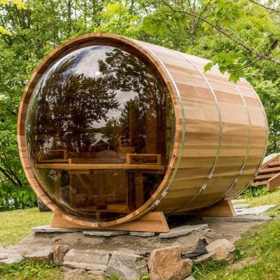 China Panoramic Window Outdoor Steam Wooden Barrel Sauna With Electric Stove for sale