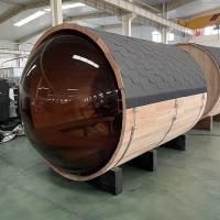 China Outdoor Traditional Solid Wood Red Cedar Barrel Sauna With Panoramic View for sale