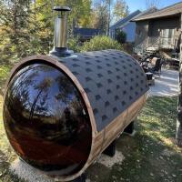 China Solid Wood Outdoor Wood Fired Stove Barrel Sauna Room With Panoramic Window for sale
