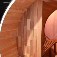 China Solid Wood Outdoor Wood Fired Stove Barrel Sauna Room With Panoramic Window for sale