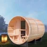 China Traditional Steam Heater Outdoor Wooden Barrel Sauna Room With Porch for sale