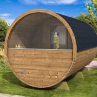 China Luxury And Comfort Finnish Outdoor Wood Barrel Sauna With Stove Heater for sale