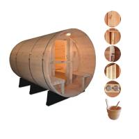 China Canadian Red Cedar Wood Outdoor Sauna Steam Barrel Sauna With Wood Stove for sale