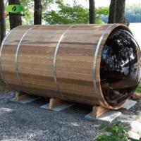 China Panoramic Glass Wood Barrel Sauna Outdoor Home Use Steam Sauna Room for sale