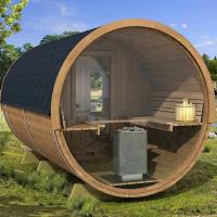 China Panoramic View Solid Wood Outdoor Steam Barrel Sauna Heats Up Fast for sale