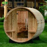 China 5 Person Outdoor Sauna Canadian Cedar Heater Wood Barrel Sauna With Front Porch for sale