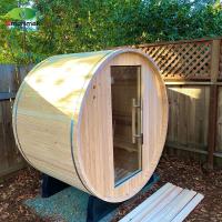 China 5 Person Outdoor Sauna Canadian Cedar Heater Wood Barrel Sauna With Front Porch for sale