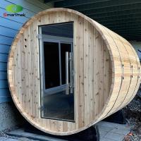 China 5 Person Outdoor Sauna Canadian Cedar Heater Wood Barrel Sauna With Front Porch for sale