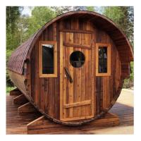 China Panoramic Window Wood Cedar Barrel Sauna 6 Person With Wood Burning Heater for sale