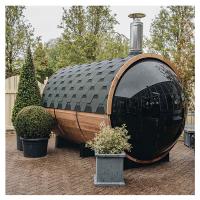 China Panoramic Window Wood Cedar Barrel Sauna 6 Person With Wood Burning Heater for sale