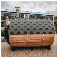 China Panoramic Window Wood Cedar Barrel Sauna 6 Person With Wood Burning Heater for sale