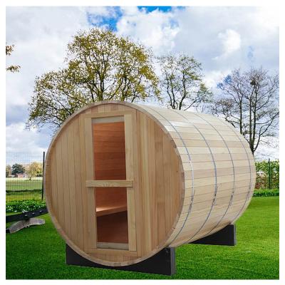 China Red Cedar Hemlock Wood Garden Outdoor Barrel Sauna With Panoramic Window for sale