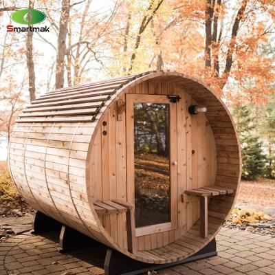 China 6 Person Red Cedar Wood Barrel Outdoor Sauna With Wood Burning Stove for sale