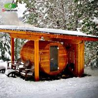 China 6 Person Red Cedar Wood Barrel Outdoor Sauna With Wood Burning Stove for sale